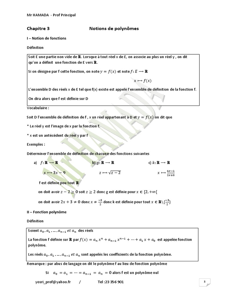 Cours Math Chapitre 3 Notions de Polynômes MR Hamada) | PDF | Polynôme | Ensemble (Mathématiques)