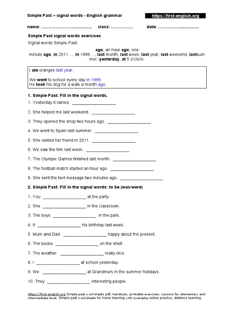 Simple Past 42 Signal Words Worksheet | PDF