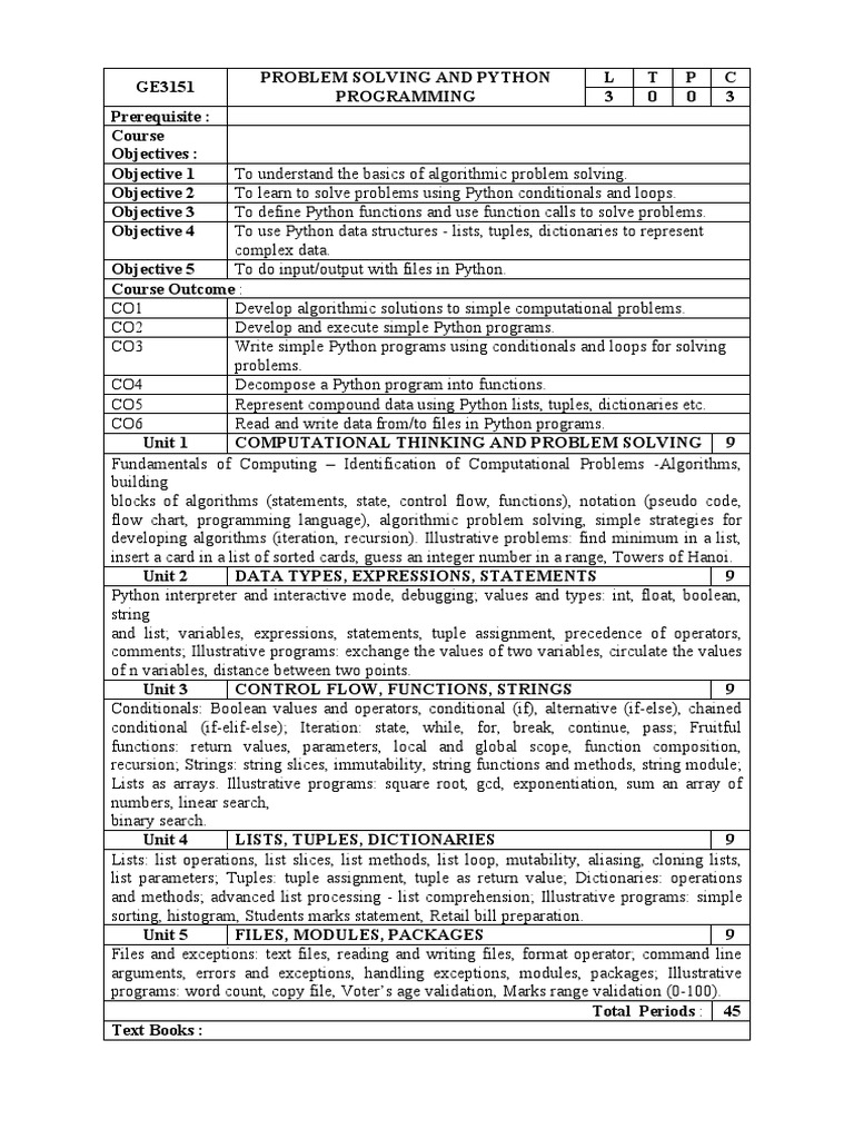 GE3151 - Python Syllabus | PDF | Control Flow | Python (Programming ... GE3151 - Python Syllabus | PDF | Control Flow | Python (Programming ...