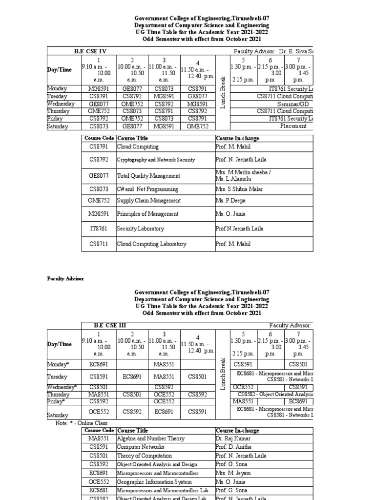 UG & PG CSE Timetable 2021-2022 | PDF | Laboratories | Academic Term