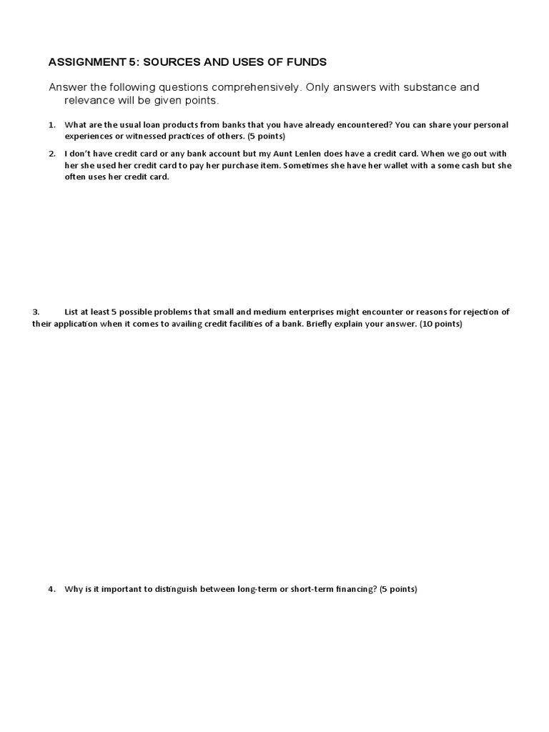 Assignment 5 - Sources and Uses of Funds - 323711041 | PDF | Loans ...