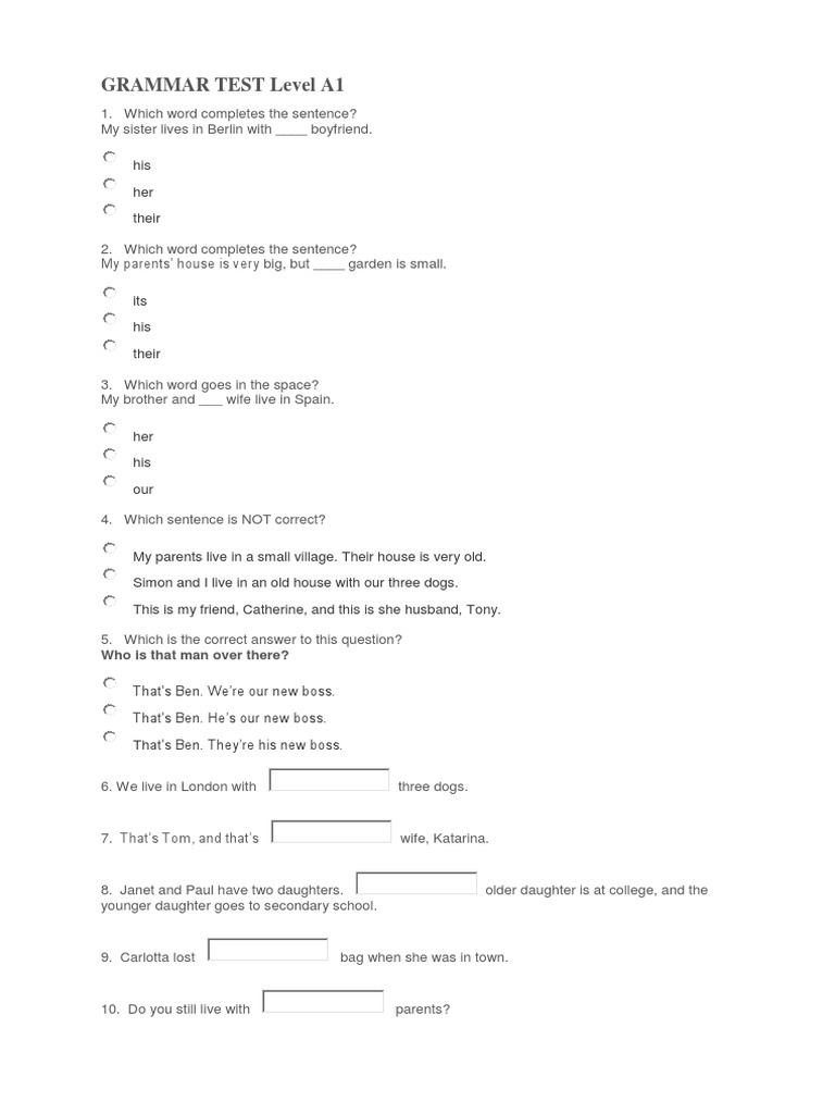 Basic Grammar Test with Questions on Possessive Adjectives, Subject ...