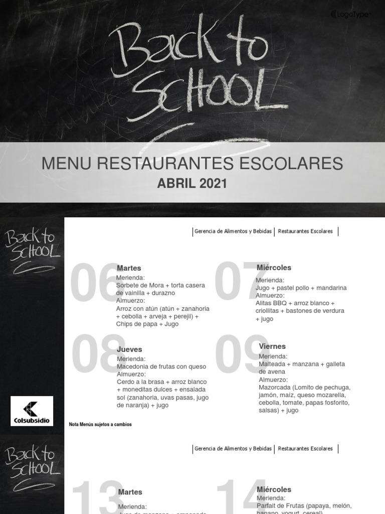 Menú Colegios | PDF | Almuerzo | Cocinando