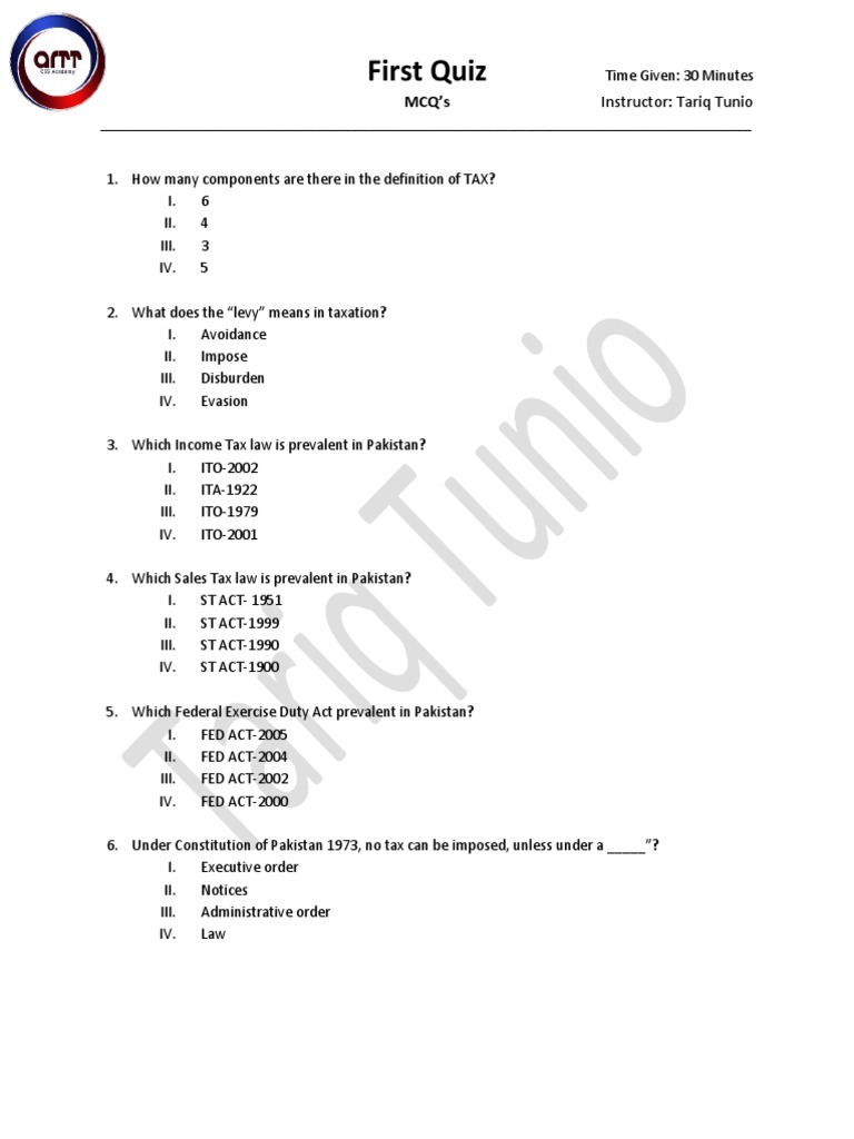 First Quiz: MCQ's | PDF | Taxes | Tax Evasion