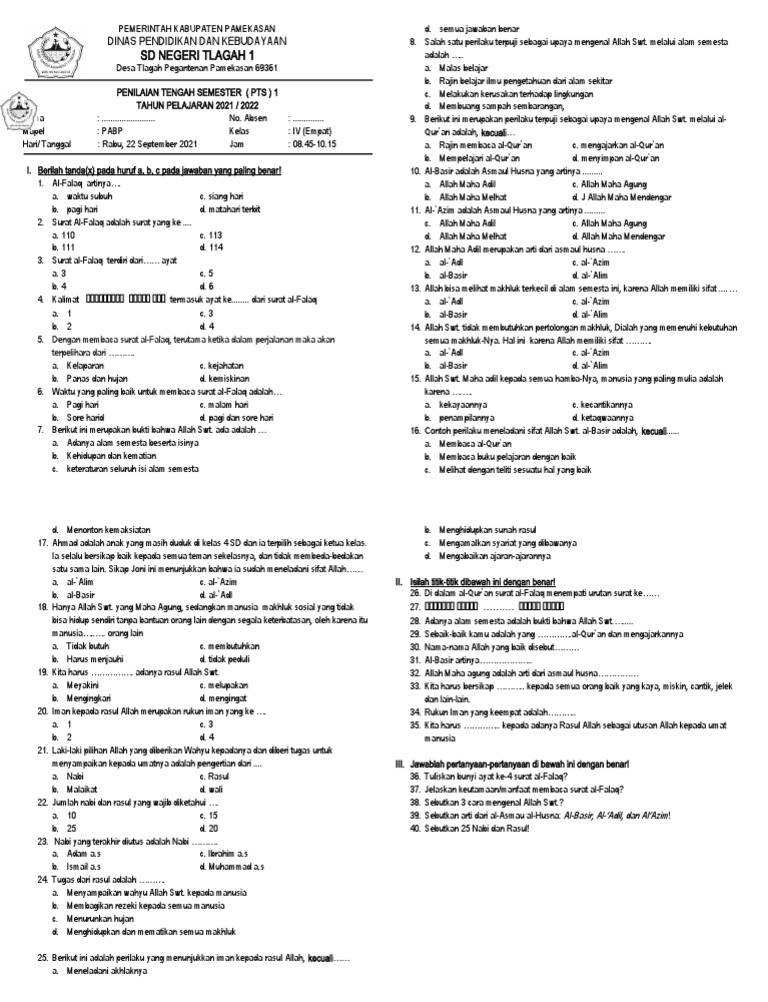 Soal Pts Paidbp Kelas 4 SMT 1 | PDF