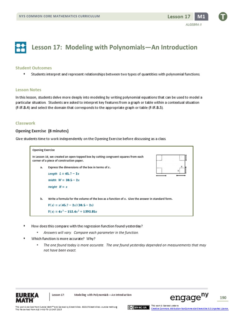 Lesson 17: Modeling With Polynomials-An Introduction: Student Outcomes ...