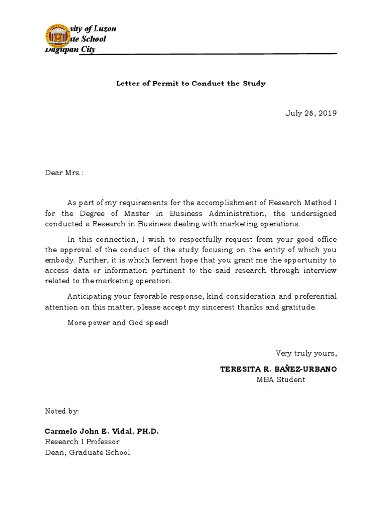 University of Luzon Graduate School Dagupan City: Letter of Permit To ...