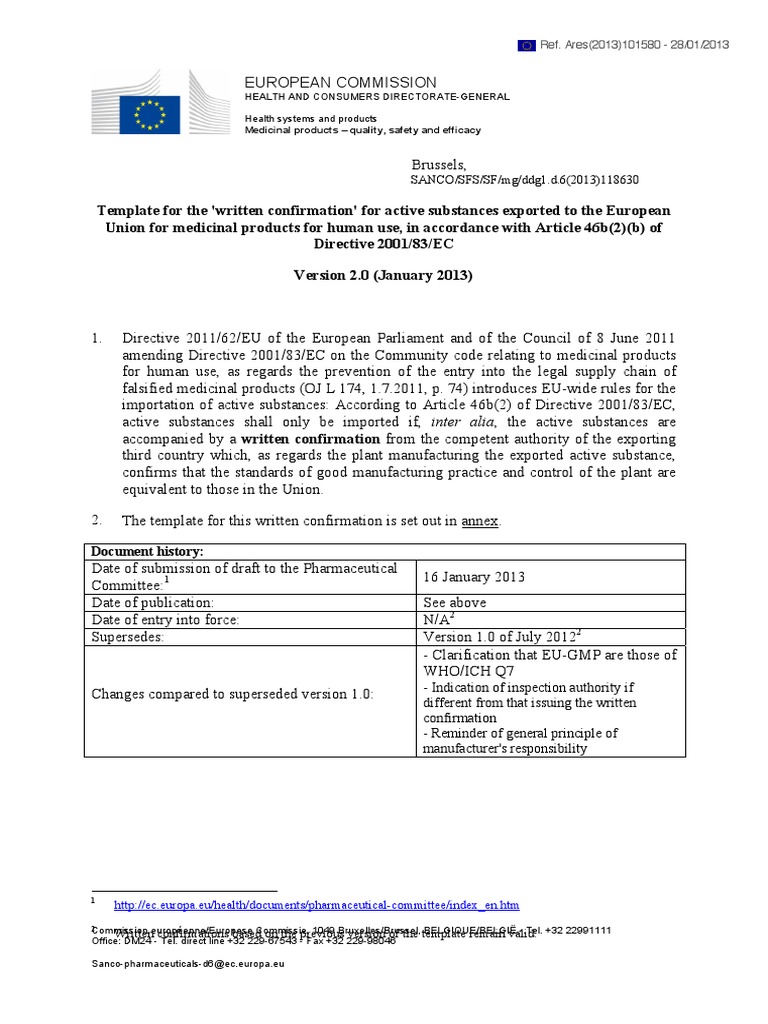 EU Written Confirmation Template for Exporting Active Substances | PDF ...