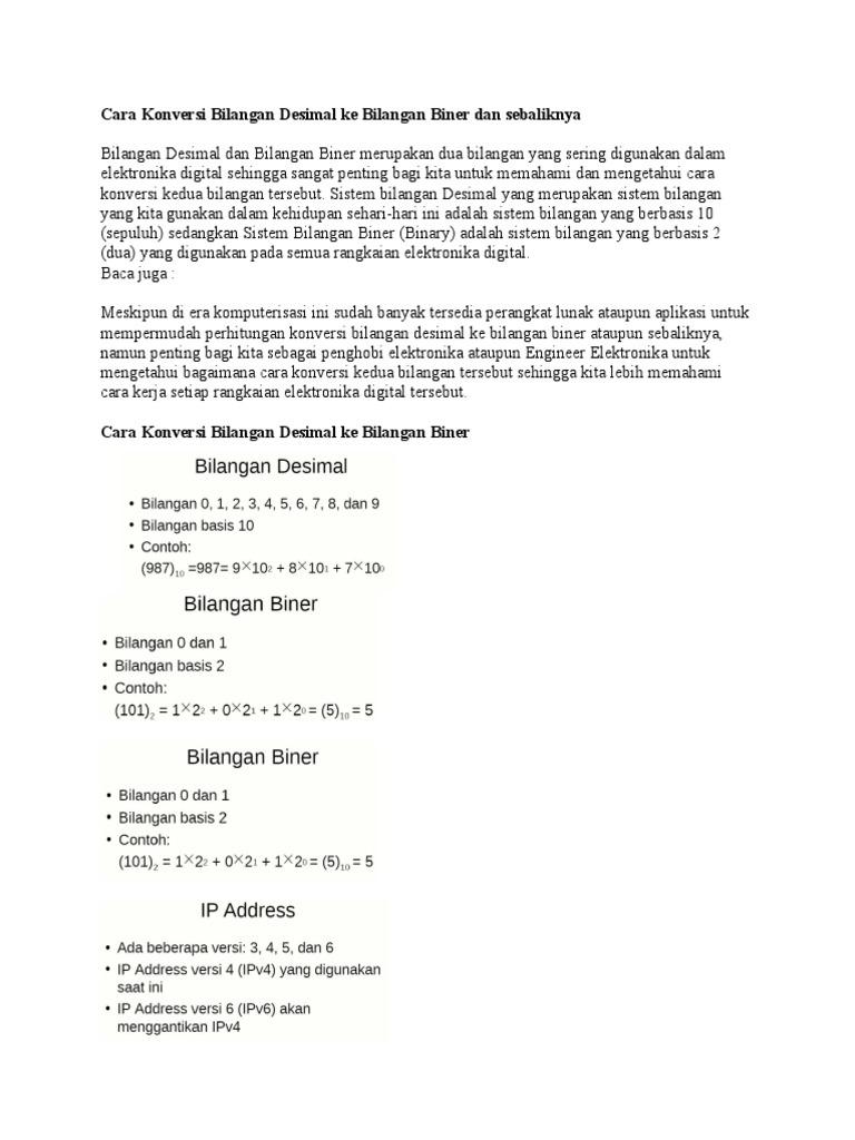 Cara Konversi Bilangan Desimal Ke Bilangan Biner Dan Sebaliknya | PDF