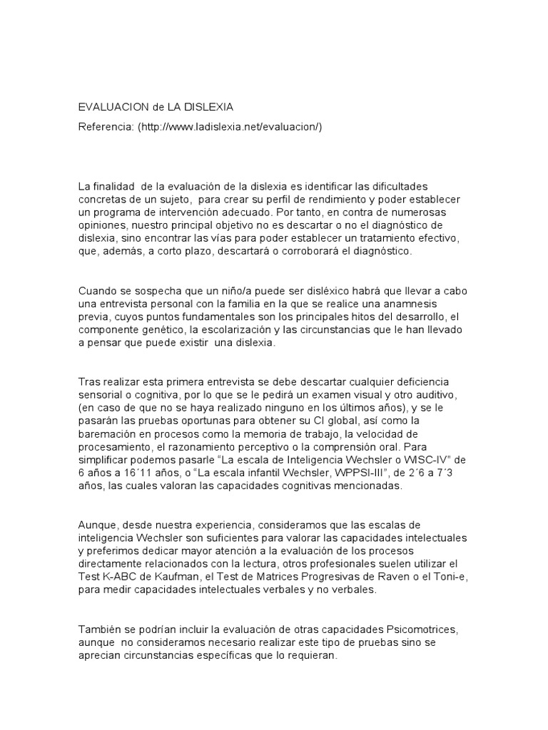Evaluación y Pruebas de Dislexia | PDF | Dislexia | Evaluación