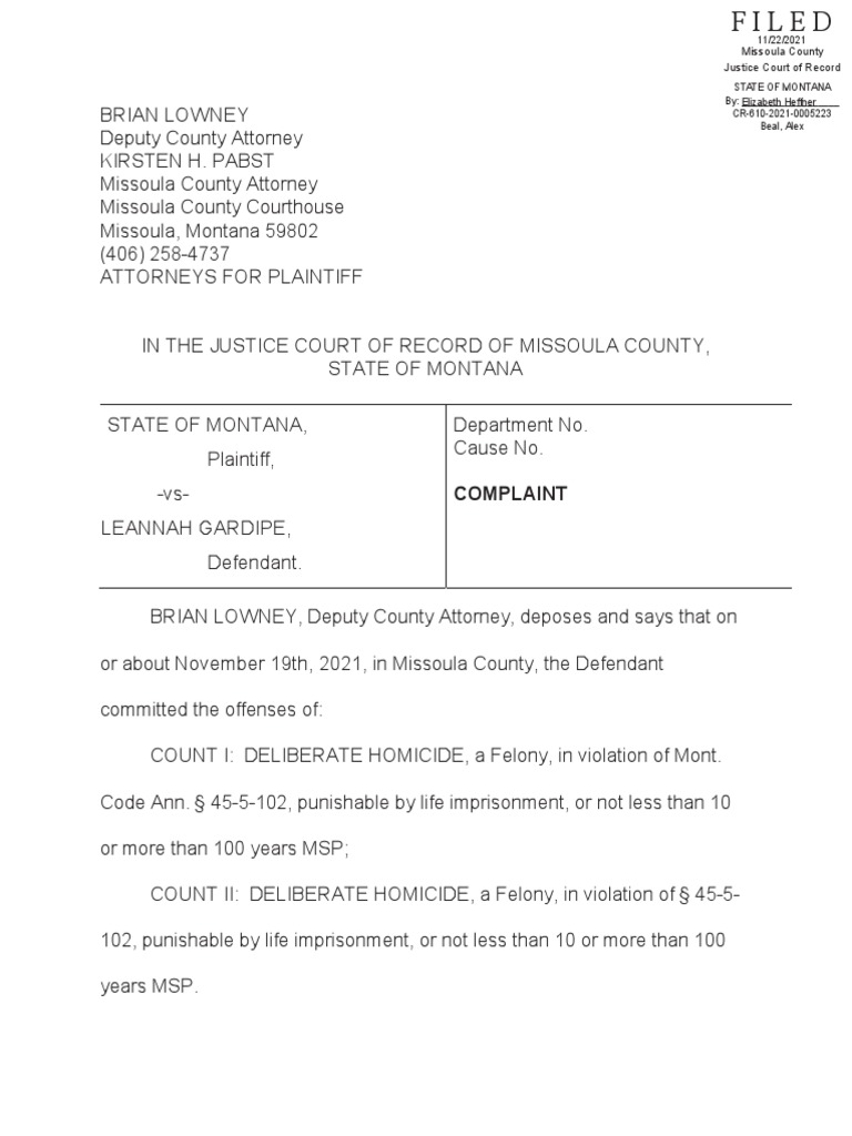 Leannah Gardipe Homicide Complaint | PDF | District Attorney | Crime ...