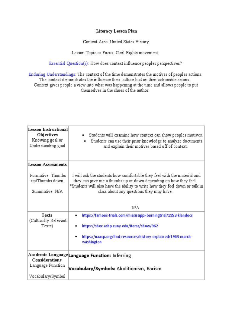 Literacy Lesson Plan: Essential Question(s) Enduring Understandings ...