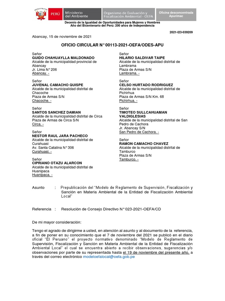 Oficio Circular 00113-2021-Oefa Odes-Apu | PDF | Gobierno | América del Sur
