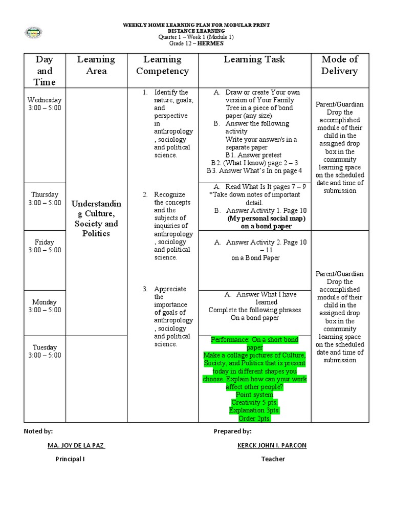 Weekly Home Learning Plan For Modular Print | PDF | Science | Cognition