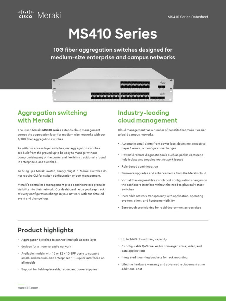 Meraki ms410 Series Datasheet English 1 | PDF | Computer Network | Network Switch