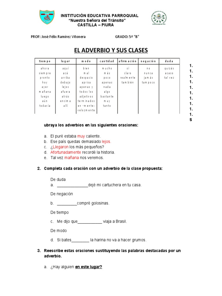 El Adverbio Ficha de Trabajo Tarewa 1 | Download grátis PDF | Adverbio