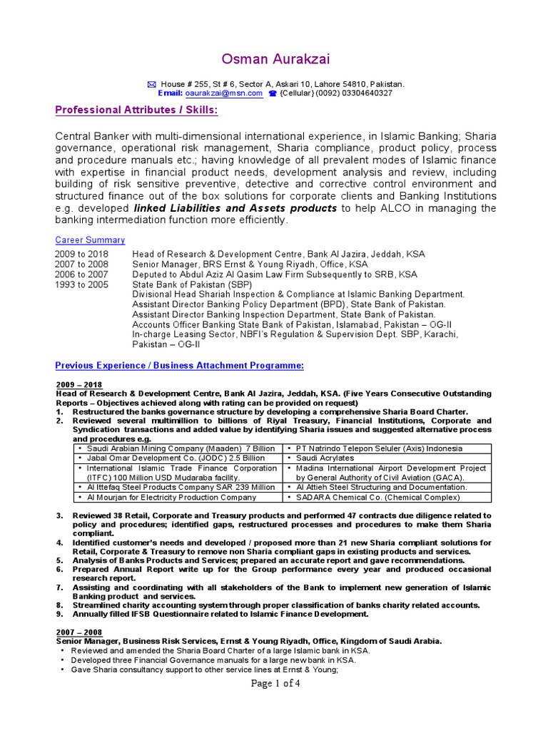 Osman CV - July-2019 | PDF | Islamic Banking And Finance | Banks