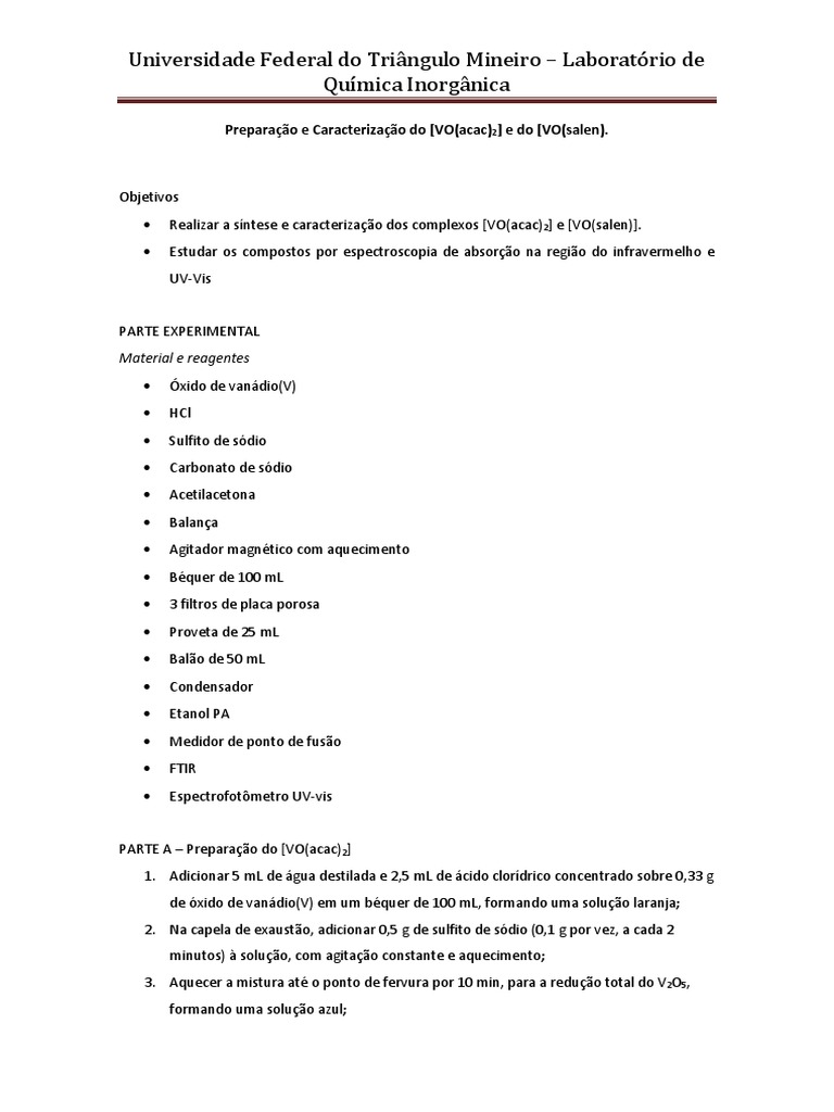 Prática 4 Síntese Do VO (Acac) 2 e VOsalen | PDF | Ácido clorídrico ...