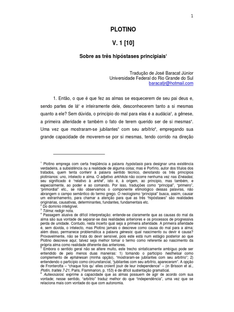 3.1 Plotino - V. 1 (10) Sobre As Três Hipóstases Principais (Baracat) | PDF | Nous | Platão