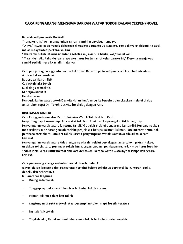 Penggambaran Watak Tokoh dalam Cerita | PDF