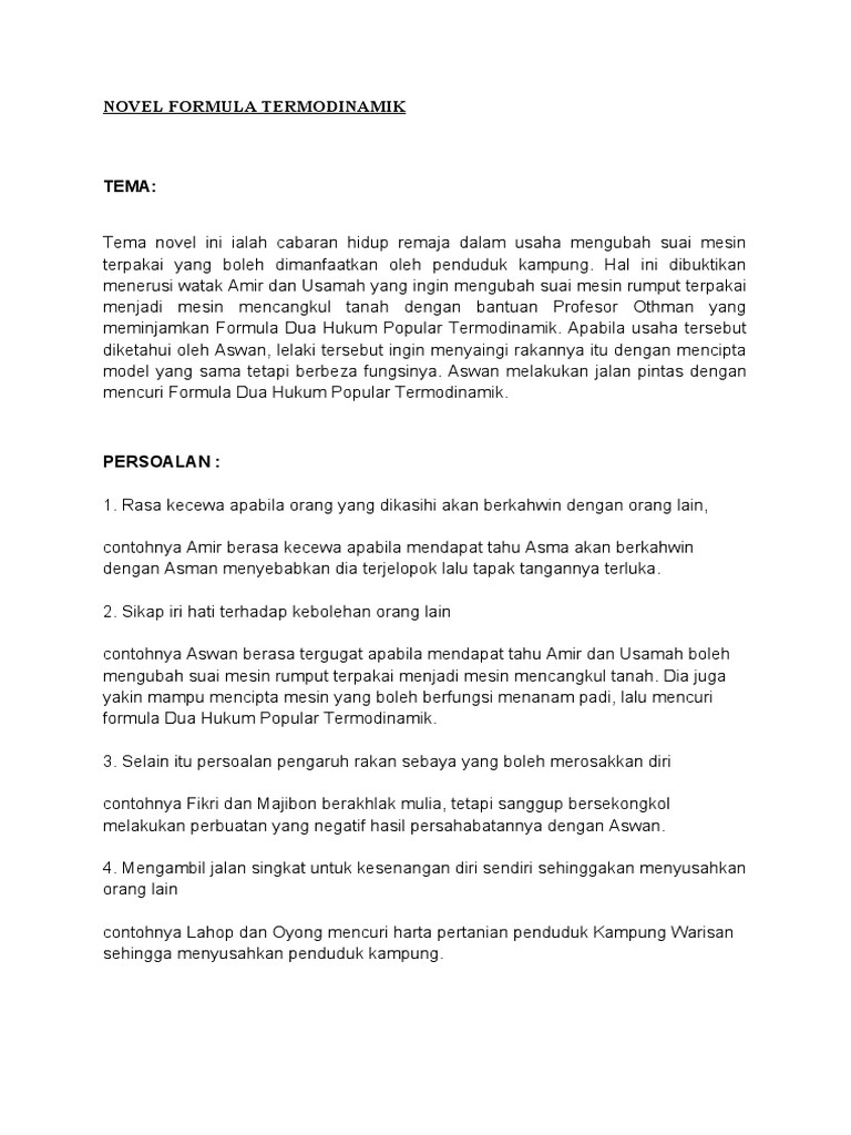 Tema dan Persoalan Novel Termodinamik | PDF