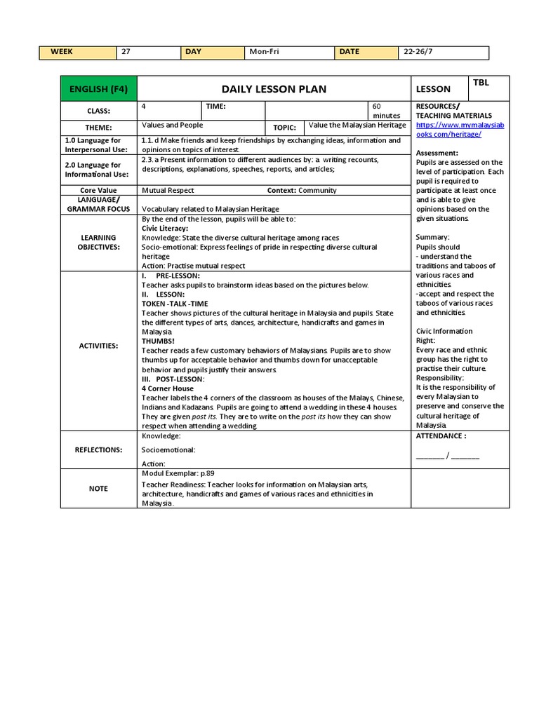 Daily Lesson Plan: English (F4) Lesson TBL | PDF | Teachers | Malaysia