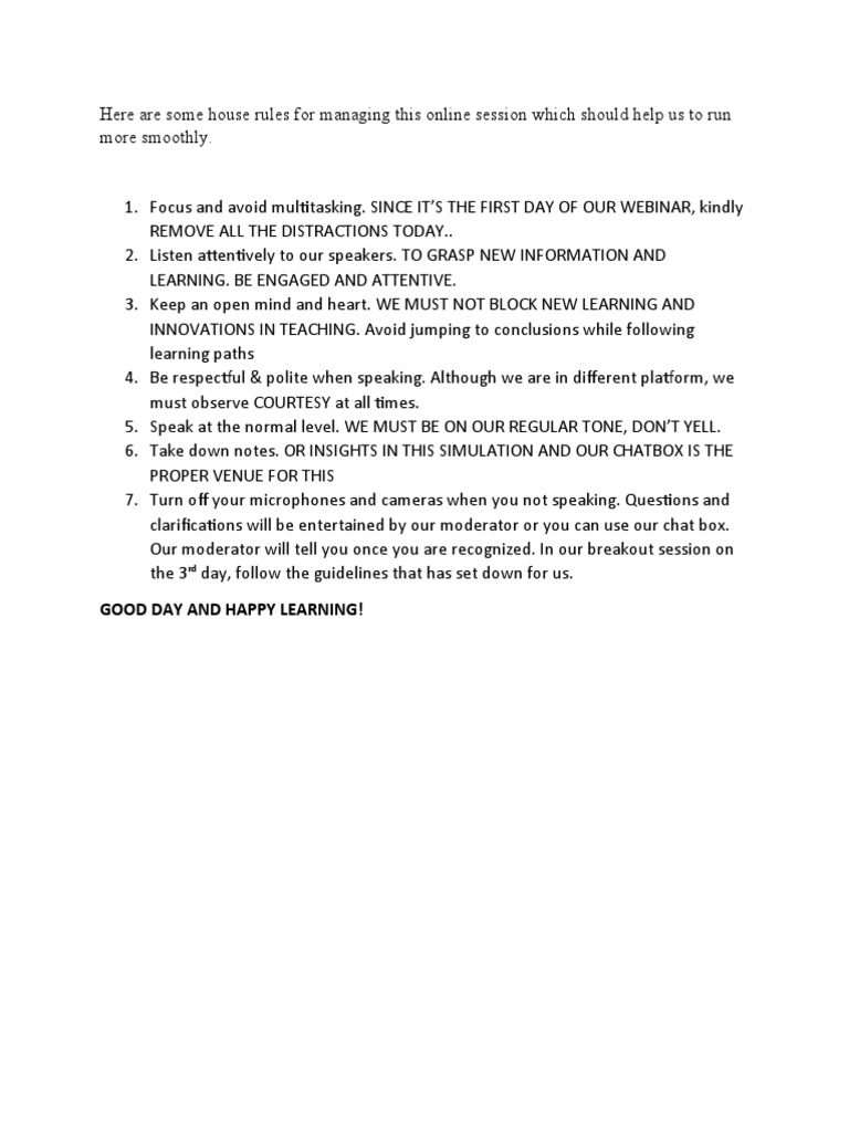 Webinar House Rules & Closing Remarks | PDF | Career & Growth