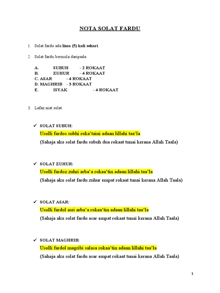Nota Solat Fardu (BM) | PDF