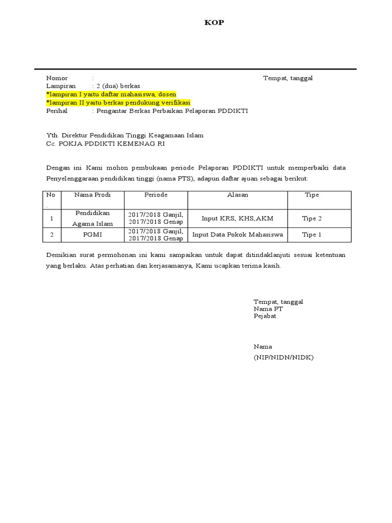 Format Surat Pengantar Berkas Perbaikan Pelaporan Pddikti 2 | PDF