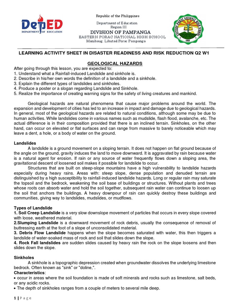 Learning Activity Sheet in Disaster Readiness and Risk Reduction Q2 W1 ...