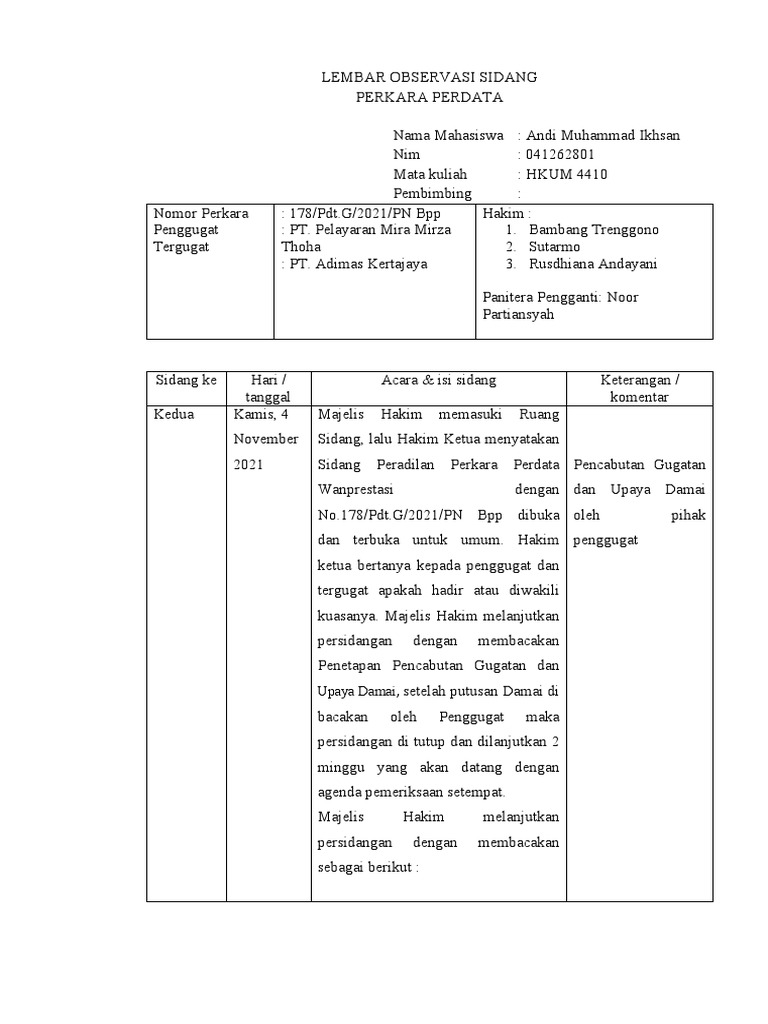 Lembar Observasi Sidang Perdata | PDF
