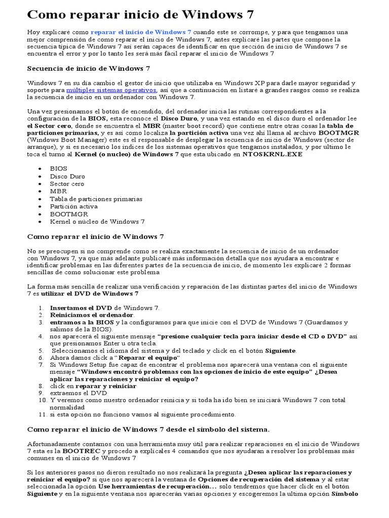 Como Reparar Inicio de Windows 7 | PDF | Software | Ingeniería Informática