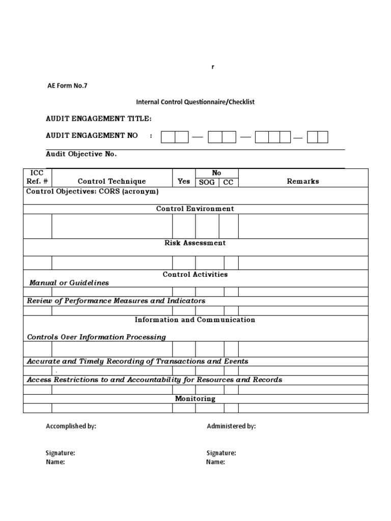 AE Form No. 7 Internal Control Checklist Questionaire | PDF | Audit ...