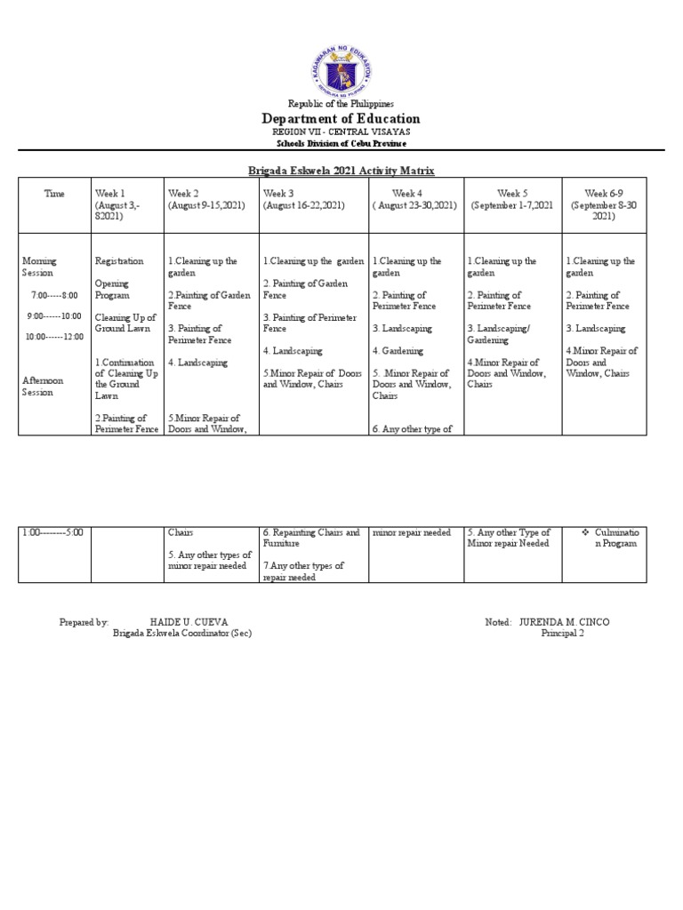 Department of Education: Brigada Eskwela 2021 Activity Matrix | PDF ...