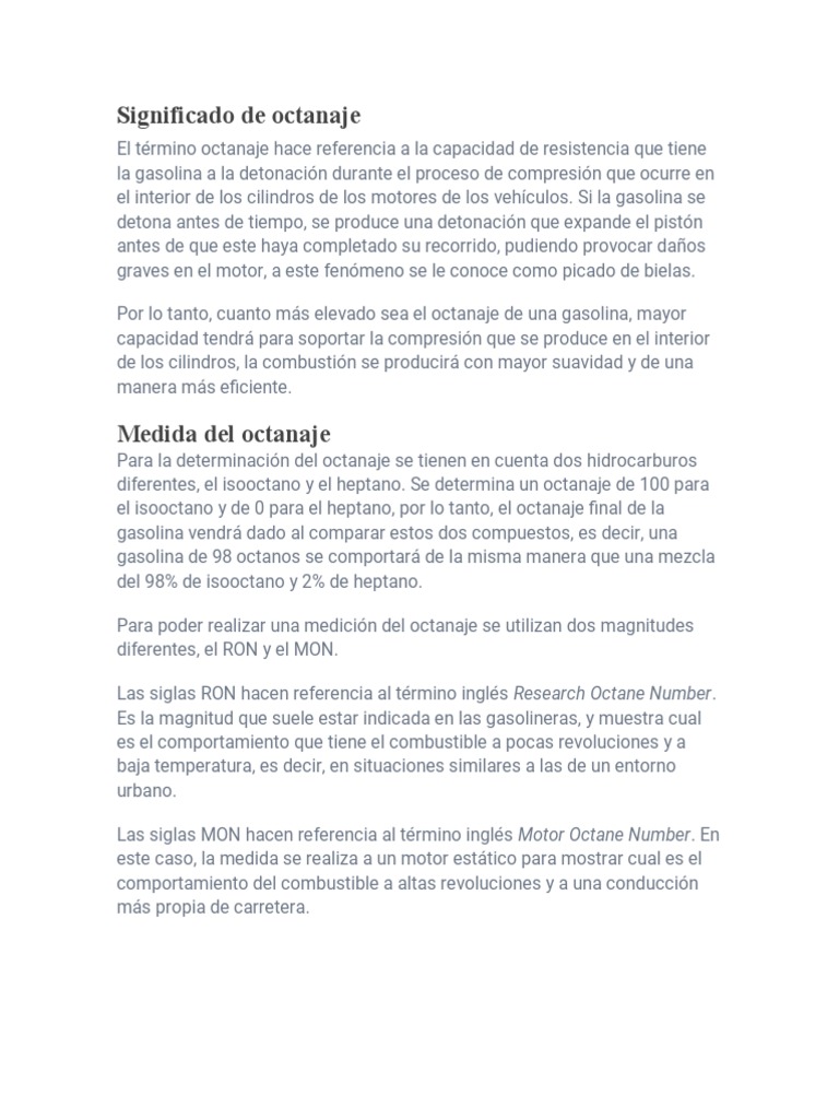 ¿Qué es el octanaje de la gasolina? | PDF | Tecnología
