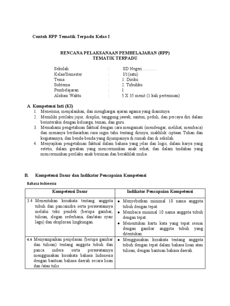 Contoh RPP Tematik SD 2018 | PDF | Seni & Disiplin Bahasa