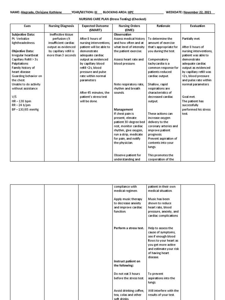 Nursing Care Plan For Doppler Scan and Stress Testing | PDF | Heart ...