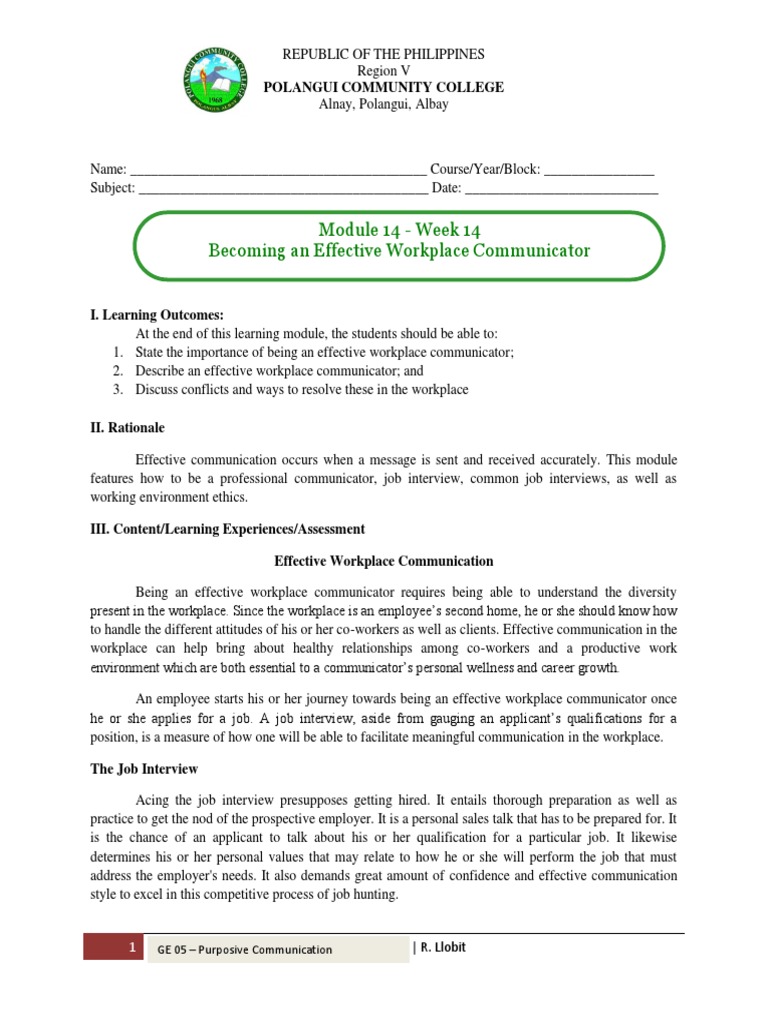 Module 14 - Week 14 Becoming An Effective Workplace Communicator | PDF ...