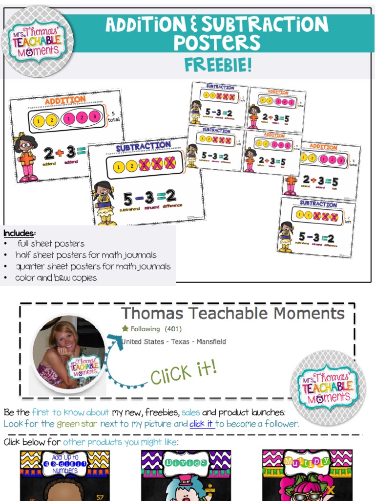 Addition and Subtraction Posters Anchor Charts Free | PDF | Subtraction ...