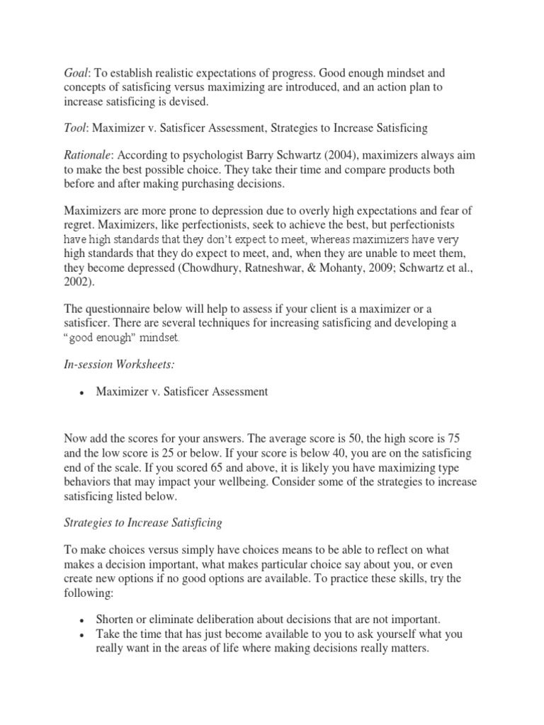 Maximizer vs. Satisficer Assessment Guide | PDF | Psychological ...