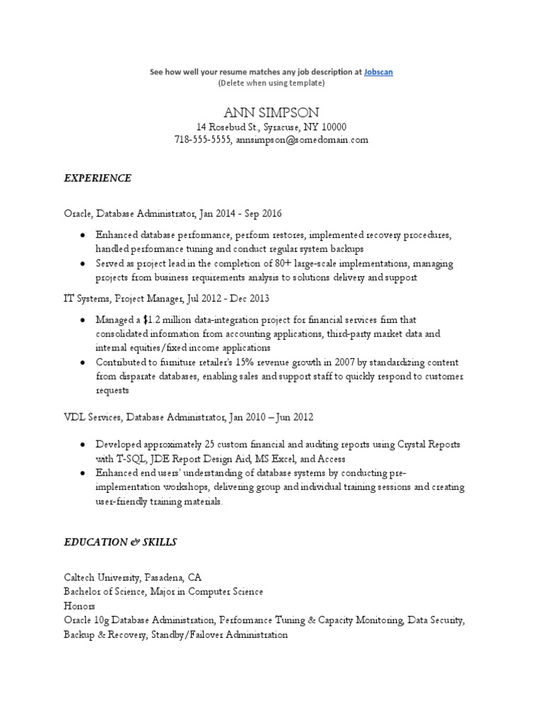 Database Administrator Resume Sample | PDF