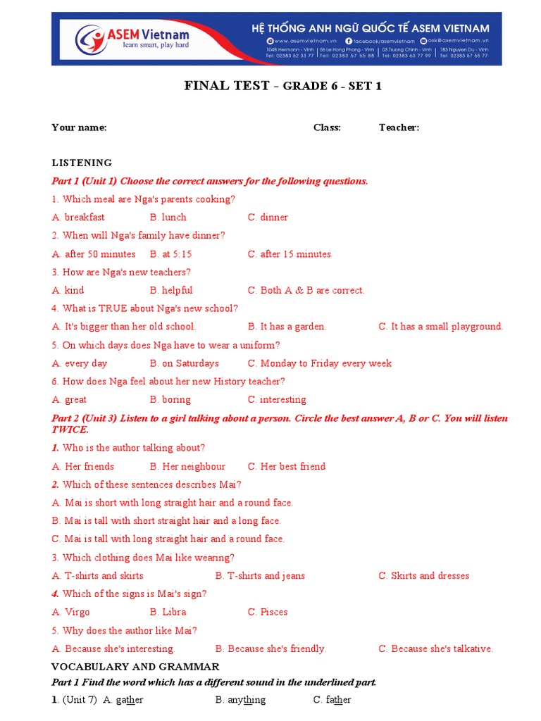 Grade 6 - Set 1 - Question Booklet | PDF