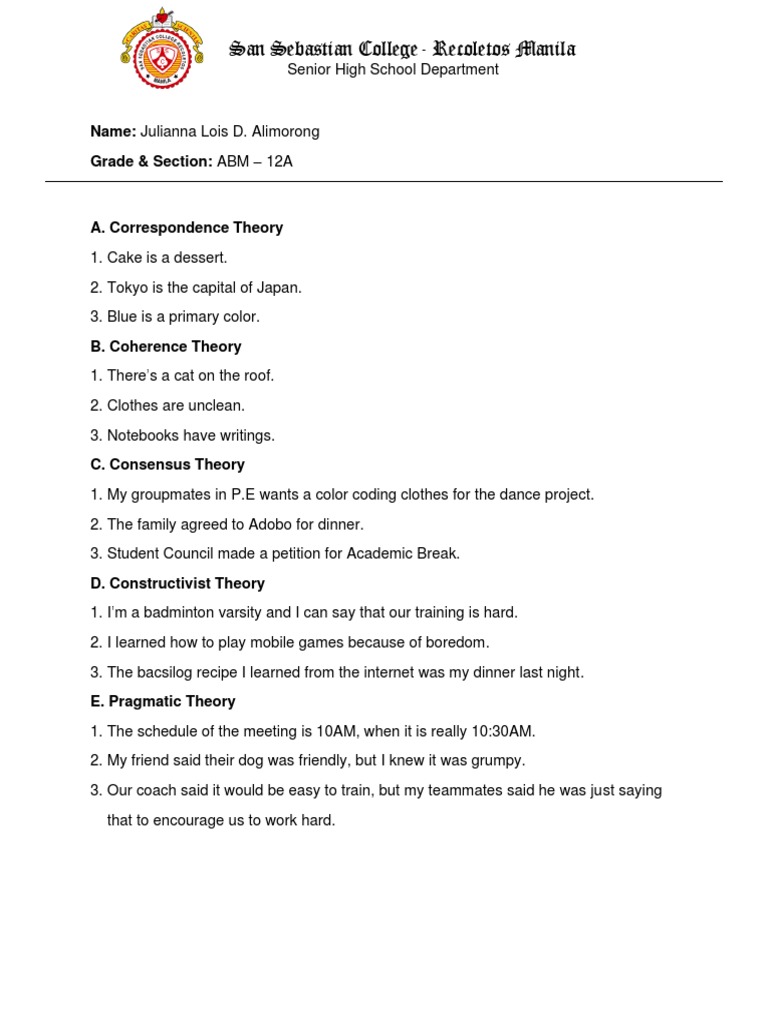 Worksheet Theories of Truth | PDF