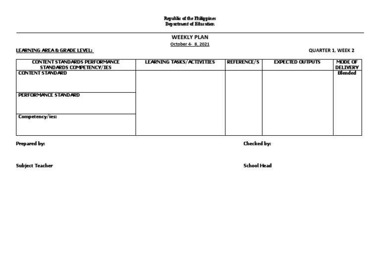 Weekly Plan Format | PDF