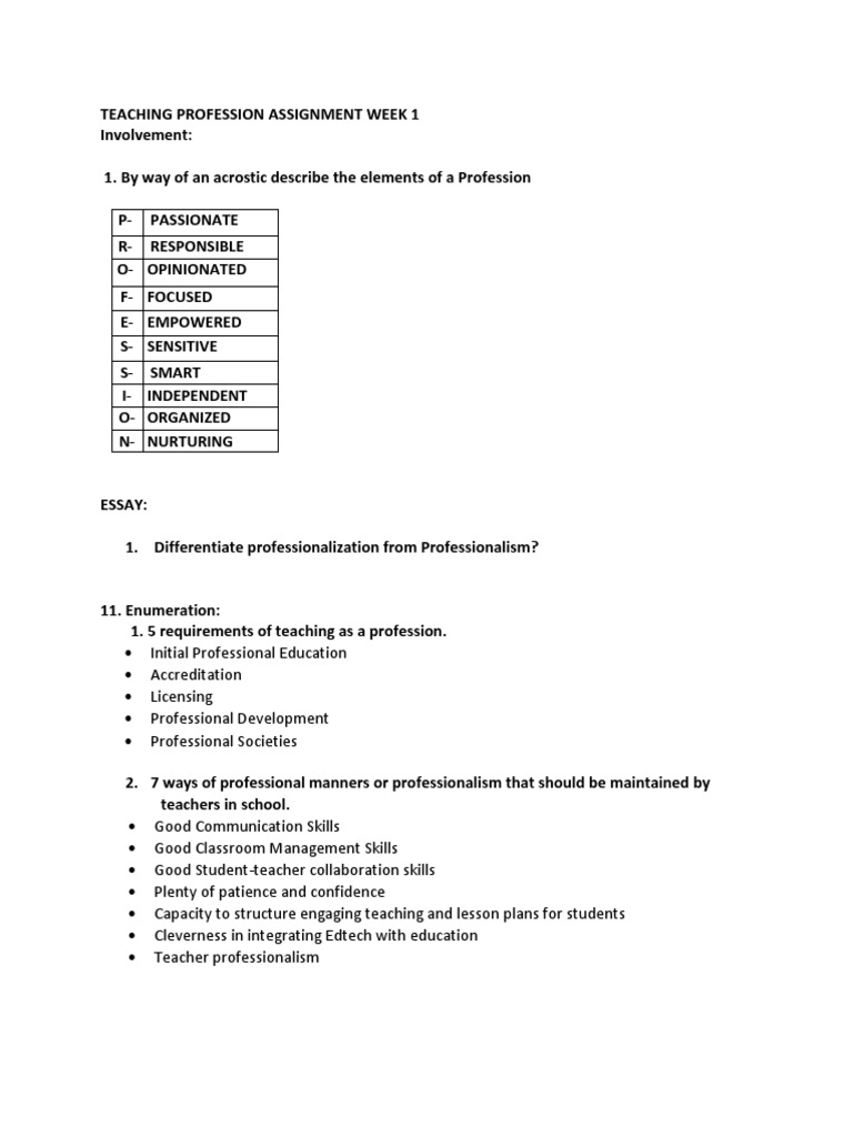 Teaching Profession Week 1 Assignment | PDF