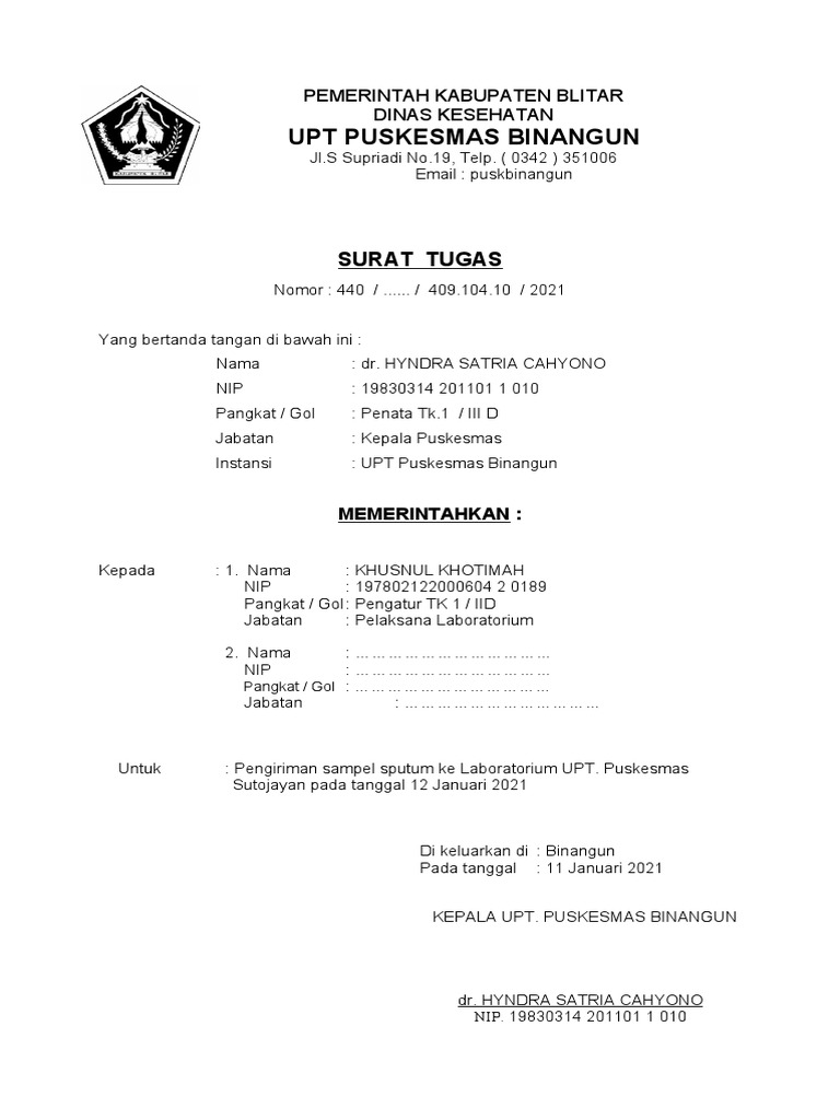 Surat Tugas Pengiriman Sampel Sputum | PDF