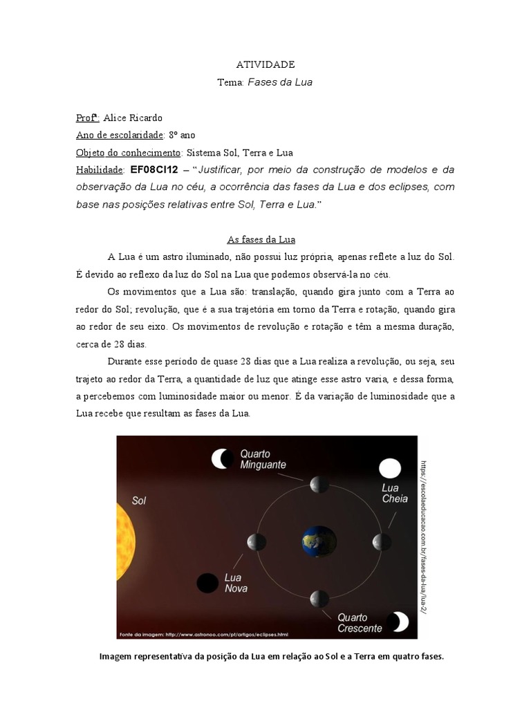 Atividade sobre Fases da Lua - 8º Ano | PDF | Lua | Terra