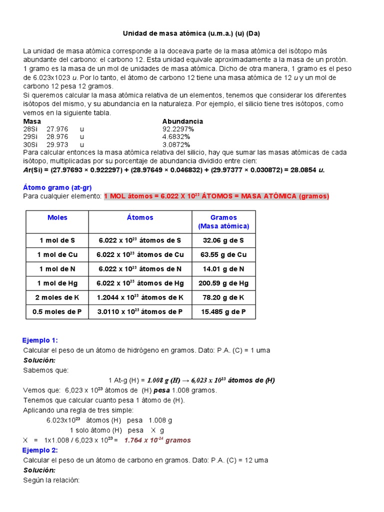 La unidad de masa atómica y su relación con la masa de los átomos y ...