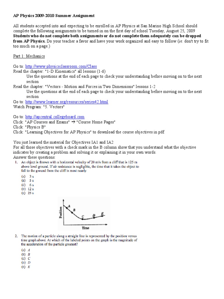 AP Physics Summer Assignment | PDF | Lens (Optics) | Optics