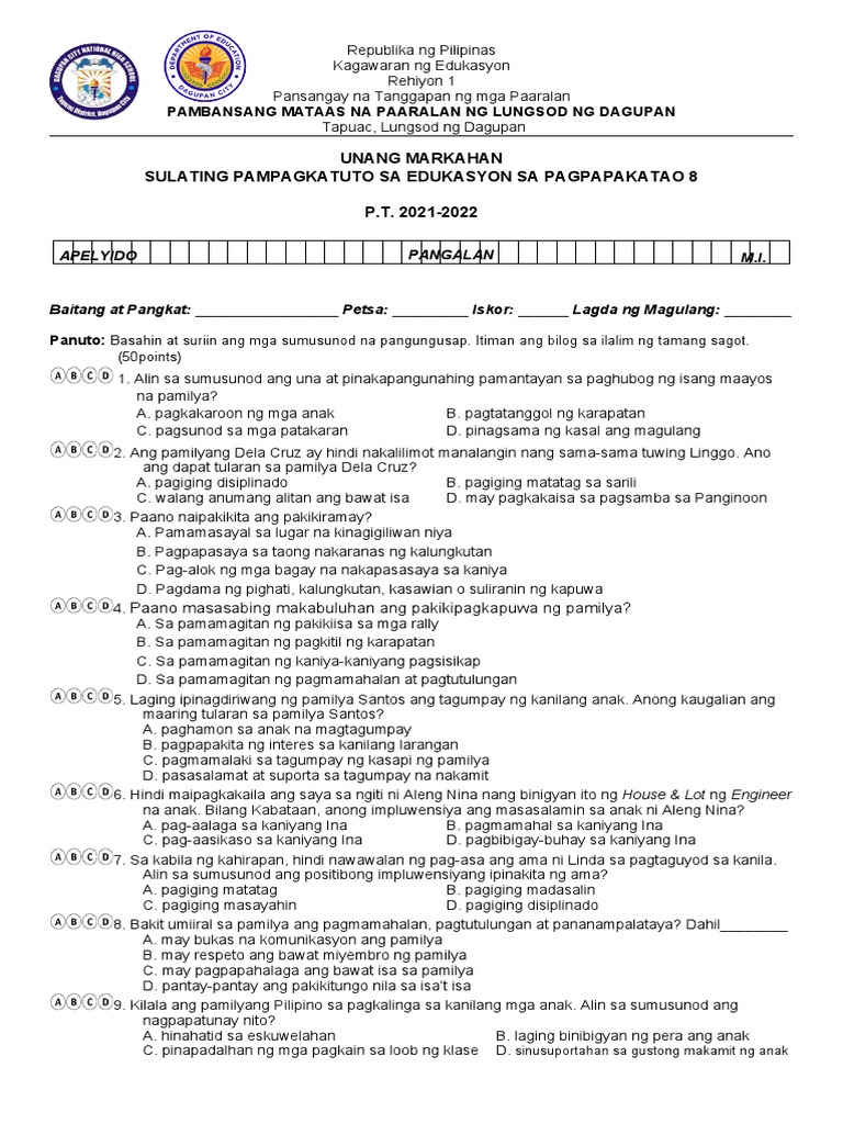 1st Quarter Exam EsP 8 2021 2022 Final | PDF